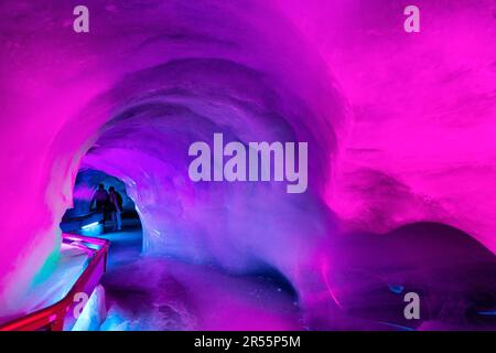 Colourful interior of the Titlis Glacier Cave on top of Mount Titlis ...