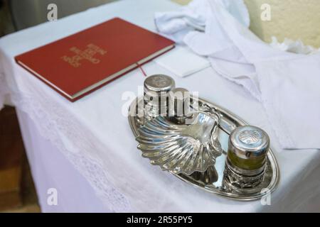 Liturgical book on the catholic church altar during mass. Catholicism ...