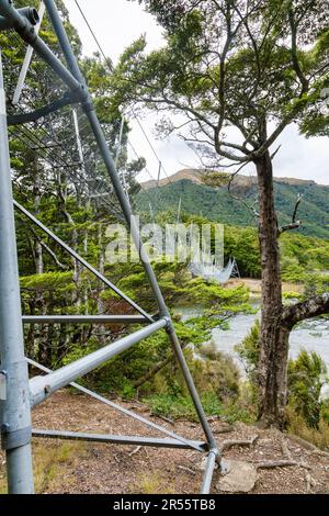 Suspension walking bridge over the Mararoa River, Mavora Lakes ...