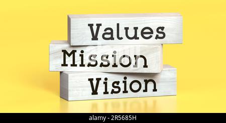 Values, mission, vision - words on wooden blocks - 3D illustration ...