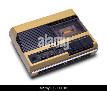 Retro cassette stereo recorder on table on yellow background Stock ...
