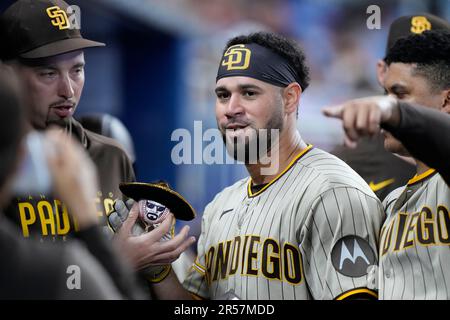 San Diego Padres' Gary Sanchez celebrates with teammates in the dugout ...