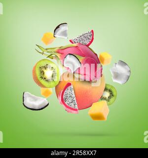 Many fresh tropical fruits falling on light violet background Stock ...
