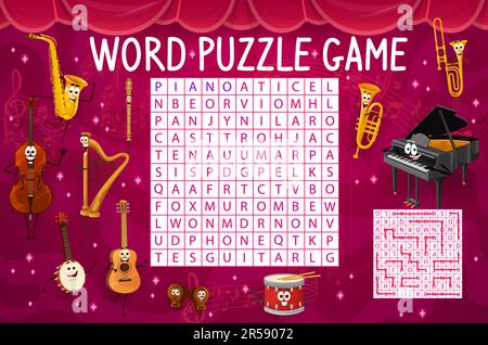 Cartoon musical instrument characters word search puzzle game. Vector ...