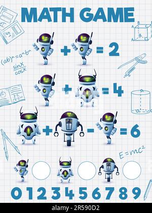 Cartoon robots and droids math game worksheet. Educational vector maze ...