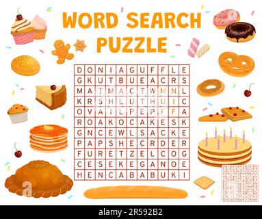 Bread, bakery and confectionery, word search puzzle game vector ...