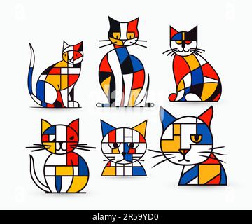 Vibrant abstract cat logo set in De Stijl style. Modern, flat design ...