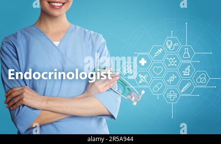 Endocrinologist, word and scheme with icons on light blue background ...