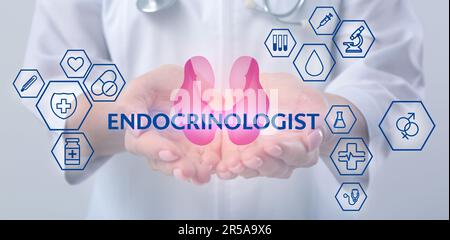 Endocrinologist holding thyroid illustration surrounded by icons on ...