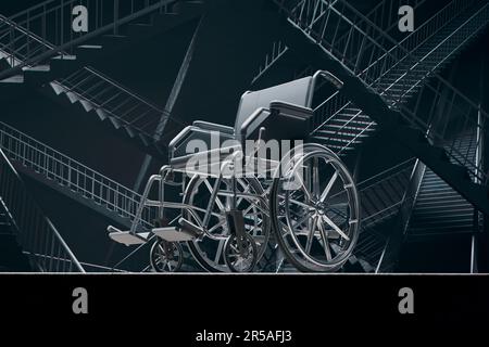 Wheelchair in the labyrinth of stairs. Concept of overcoming ...