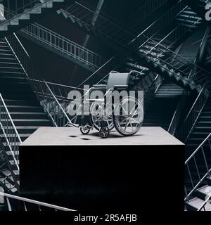 Wheelchair in the labyrinth of stairs. Concept of overcoming ...