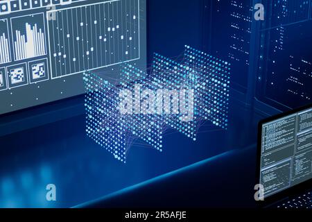 Convolutional neural network. Endless computer calculations. GPU. Digital neurons connections ...