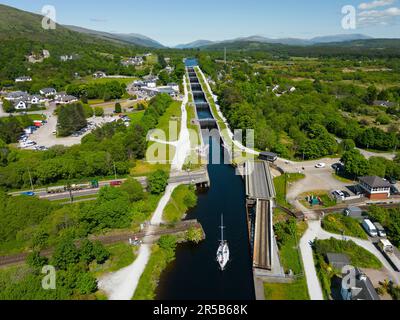 Aerial view of the Neptune’s Staircase canal locks on the Caledonian ...