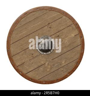 Wooden round medieval shield. Render 3d. Isolated on white background ...