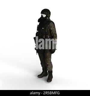 A high-resolution 3D rendering of a military soldier standing with a ...