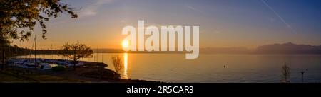 Switzerland, Vaud, Saint-Prex, Lake Leman, Slipway in still lake with ...