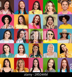 Collage with portraits of happy women on different color backgrounds ...