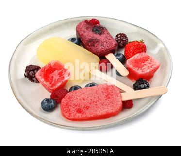 Plate of different tasty ice pops isolated on white, top view. Fruit ...