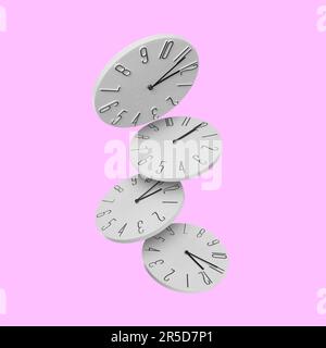 Many stylish clocks falling on white background Stock Photo - Alamy
