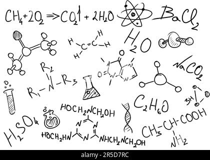 Different chemical formulas, reactions and icons on white background ...
