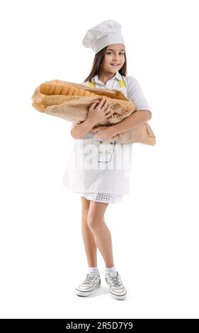 Little baker with fresh baguettes on white background Stock Photo - Alamy