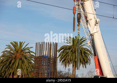 Rail bridge footing under construction, reinforcement steel bars joined ...