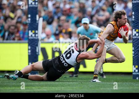 Lachlan Bramble of the Hawks is tackled during the AFL Round 16Êmatch ...