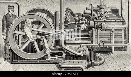 Hall machine to produce cold installed on board a ship. Old 19th ...
