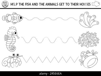 Vector under the sea handwriting practice worksheet. Ocean life ...
