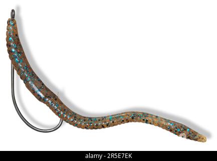 Transluscent brown artificial fishing worm with blue and black shiny ...