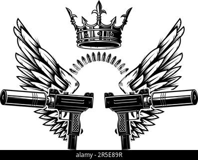 Two guns and wings with king crown. Design element for logo, label ...