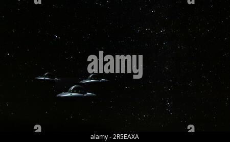 Three flying saucers in formation with stars behind Stock Photo - Alamy