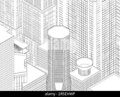 Outline of many high-rise buildings. Isometric view. 3D. Vector ...