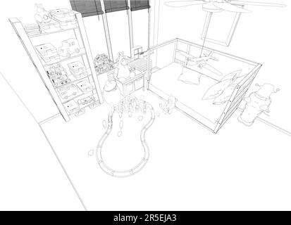 Outline of a children room with toys from black lines isolated on a ...