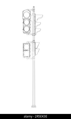 Traffic light outline from black lines isolated on white background. 3D ...