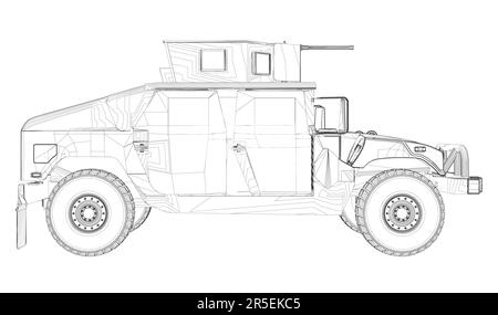 Outline of a combat jeep with weapons from black lines isolated on a ...