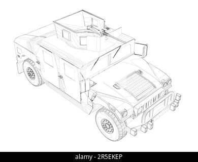 Outline of a combat jeep with weapons from black lines isolated on a ...