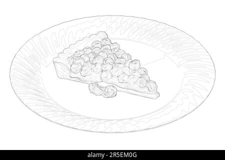 Outline of a piece of pie with berries on a plate from black lines ...