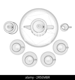 Tea set wireframe with cups and teapot from black lines isolated on ...