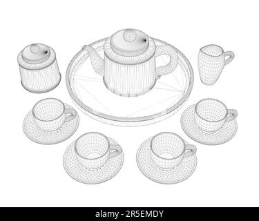 Tea set wireframe with cups and teapot from black lines isolated on ...