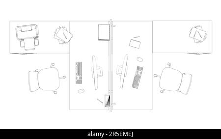 Outline of an office with workplaces with computers from black lines ...
