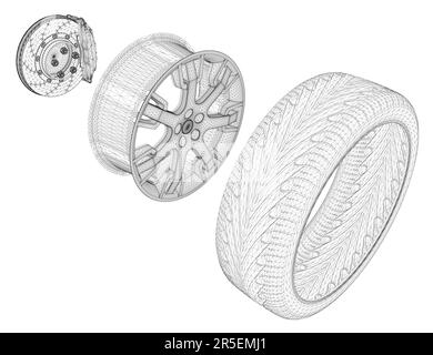 Wireframe of a car tire from black lines isolated on a white background ...
