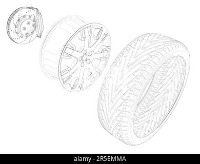 The contour of a car wheel disassembled into a tire, disc and brake ...