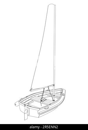 Outline of a small boat with a sail made of black lines isolated on a ...