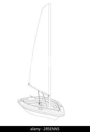Outline of a small boat with a sail made of black lines isolated on a ...
