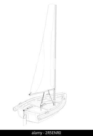 Outline of a small boat with a sail made of black lines isolated on a ...