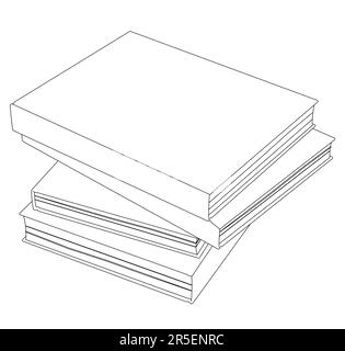 Contour of a stack of books from black lines isolated on a white background. One open book ...
