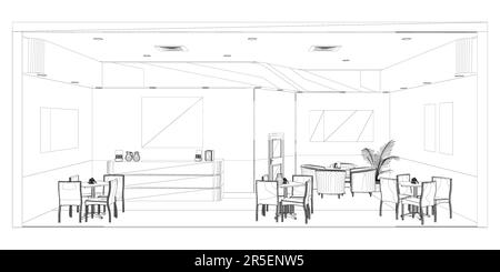 The contour of the cafe premises with tables and reception from black ...