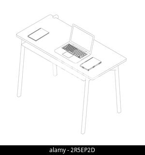 Desk outline with laptop and notepads from black lines isolated on ...