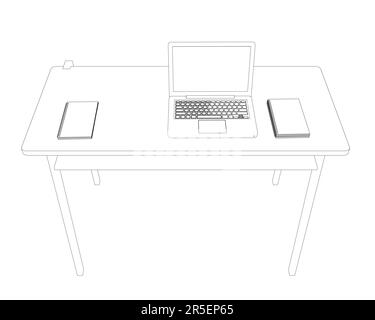 Desk outline with laptop and notepads from black lines isolated on ...